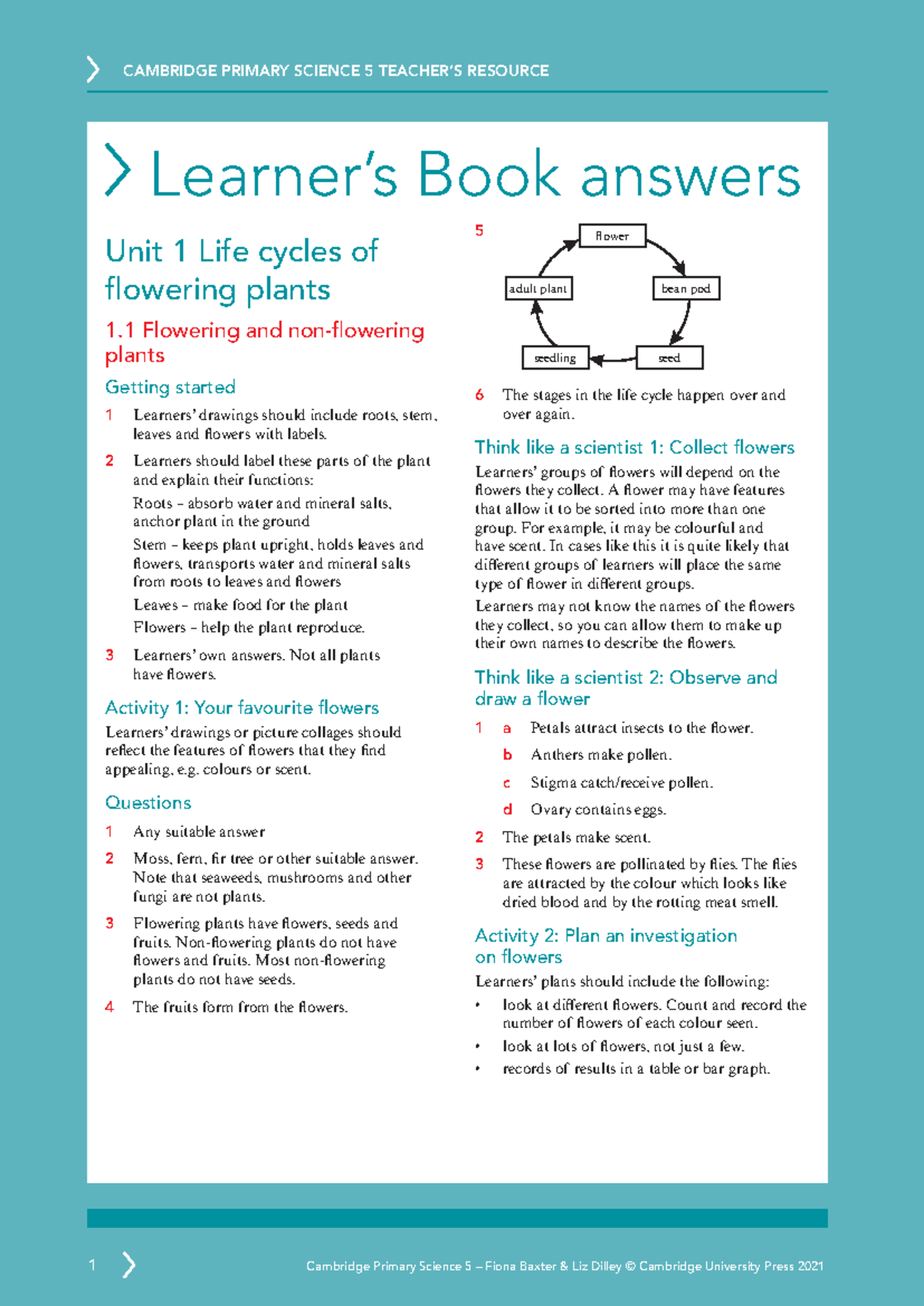 Cambridge Primary Science book 5 - Learner’s Book answers Unit 1 Life ...