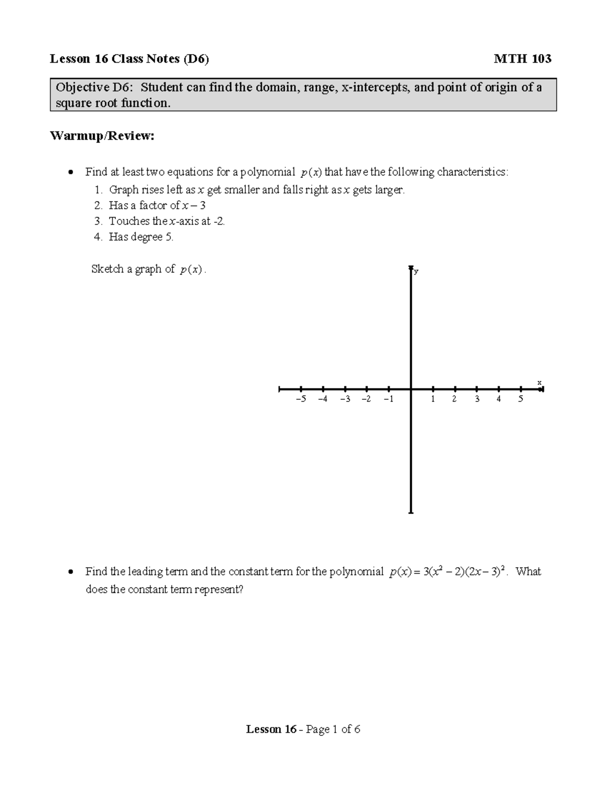 Blank Class Notes 16 (D6) - Copy - x y Lesson 16 Class Notes (D6) MTH ...