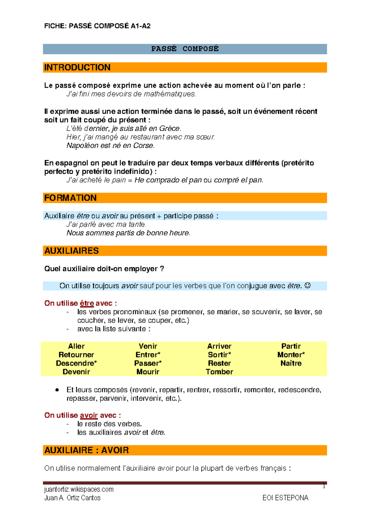 Fiche passe compose - ficha - juantortiz.wikispaces 1 PASSÉ COMPOSÉ INTRODUCTION Le passé ...