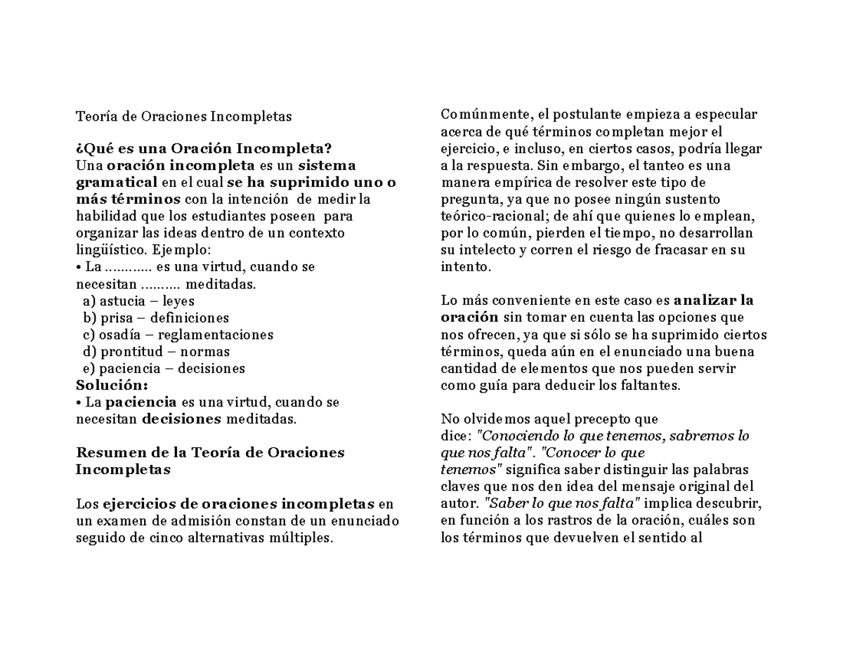Teoría de Oraciones Incompletas - Teoría de Oraciones Incompletas ¿Qué ...