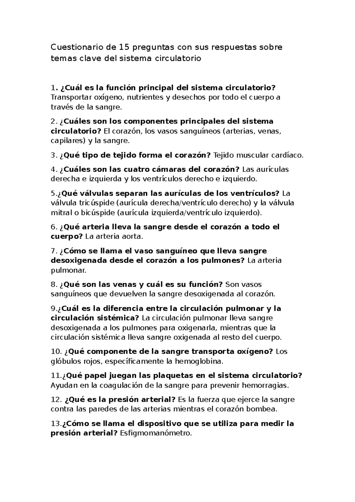 Cuestionario del sistema circulatorio - Cuestionario de 15 preguntas ...