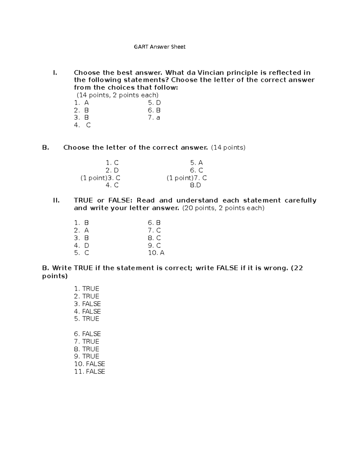 GART Final Exam Answer Sheet - GART Answer Sheet I. Choose the best ...
