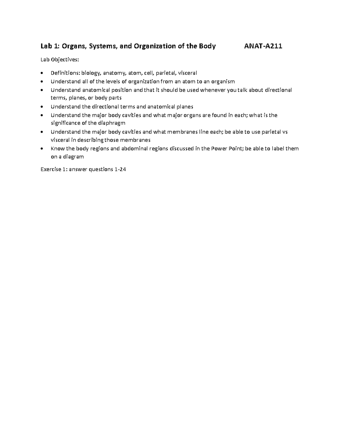 Lab 01 Outline - This lab will accompany A210, Human Anatomy. This ...