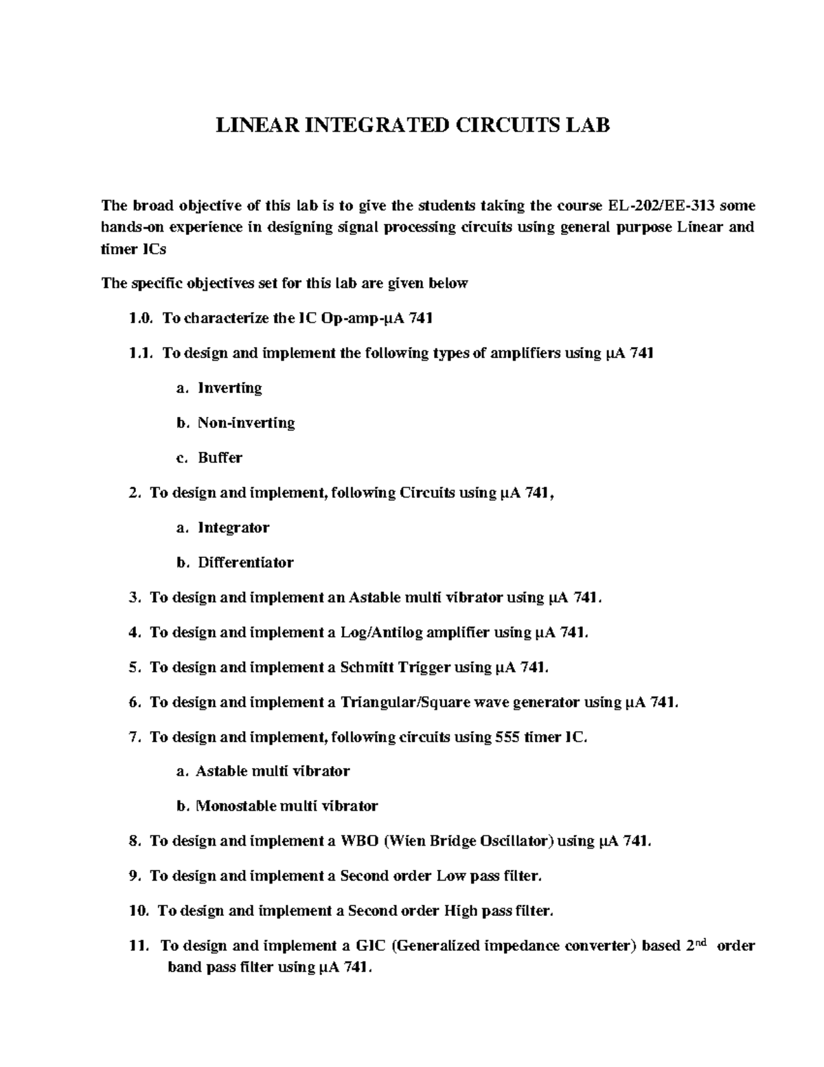 Lic lab manual - LINEAR INTEGRATED CIRCUITS LAB The broad objective of ...