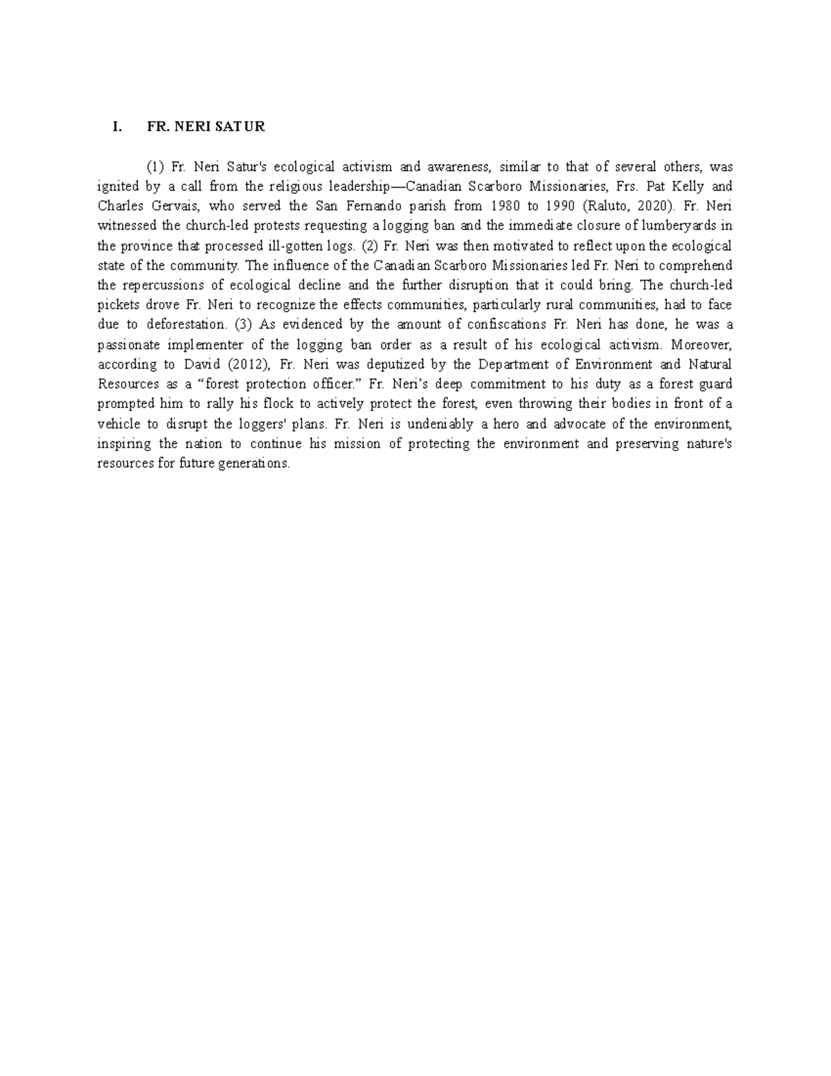 Performative Faith Fr Neri Satur and Laudato Si Generation - I. FR ...