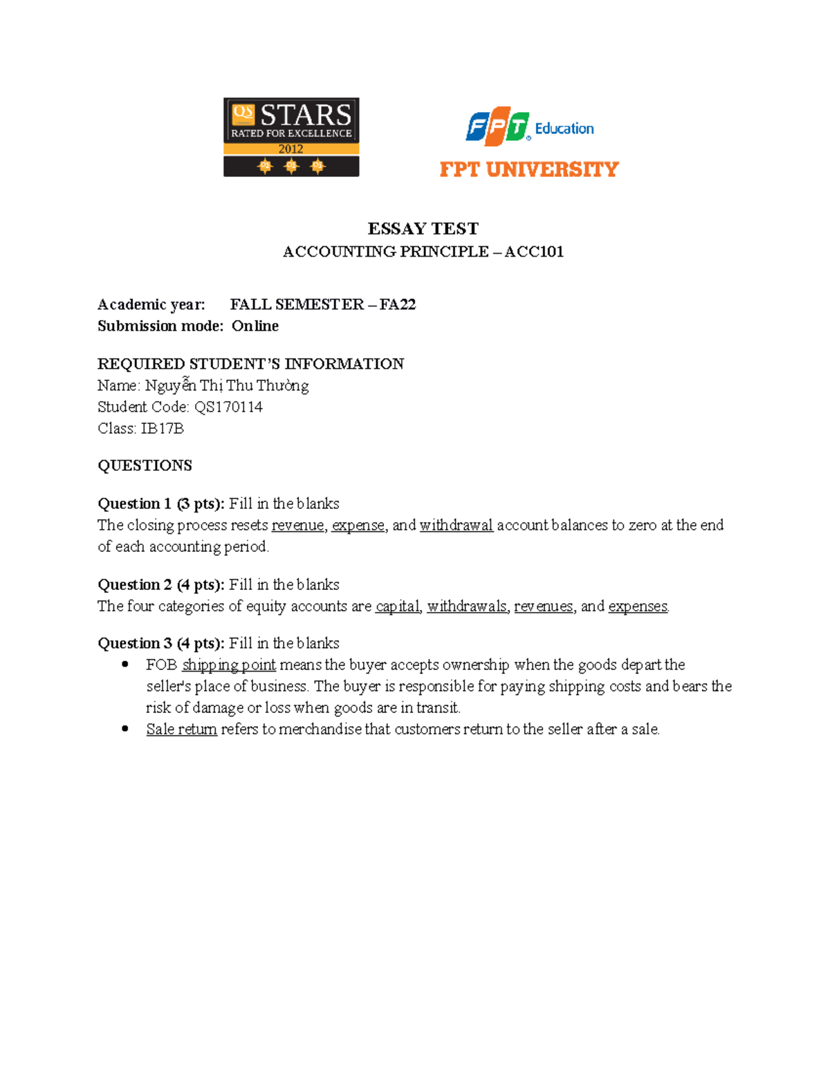 ACC101 Essay test Nguyễn Thị Thu Thường IB17B - ESSAY TEST ACCOUNTING ...