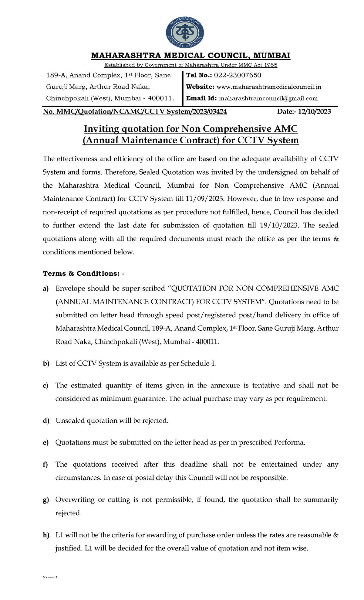 Announcements 12102023 Inviting quotation for Non Comprehensive AMC for ...