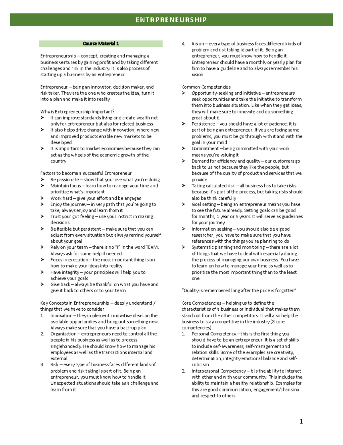 Entrep Reviewer - Course Material 1 Entrepreneurship – concept ...