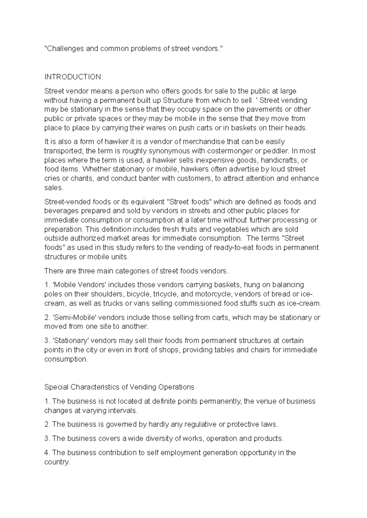 Case study - "Challenges and common problems of street vendors ...
