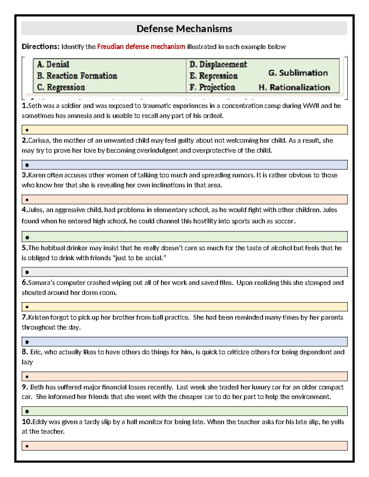 Defense Mechanisms 1 - Defense Mechanisms Directions: Identify the ...