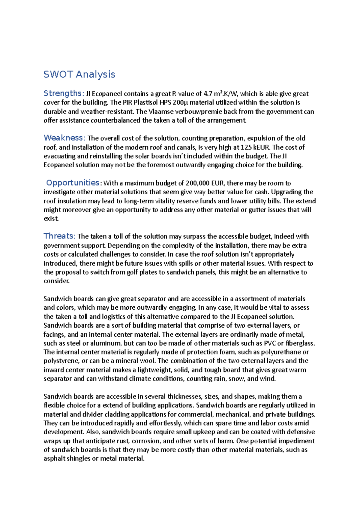 SWOT Analysis and research sandwich panels - SWOT Analysis Strengths ...