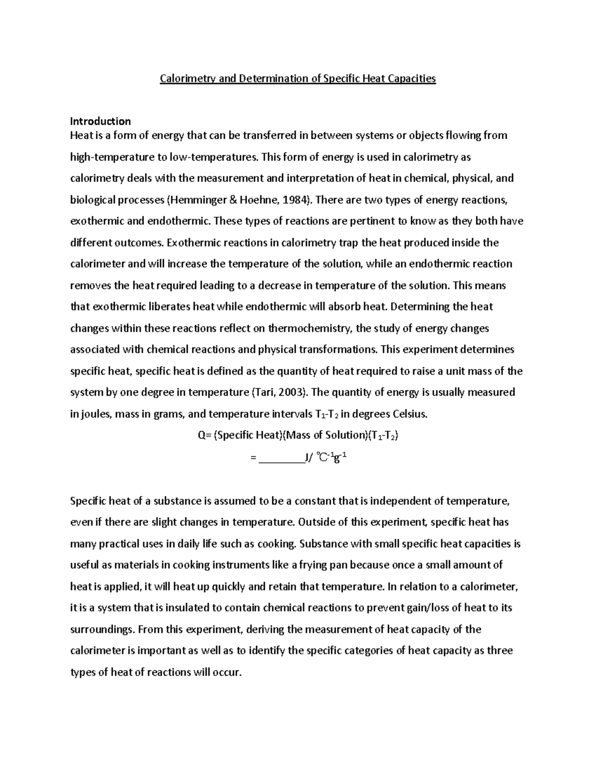 Calorimetry - Great practice - Calorimetry and Determination of ...