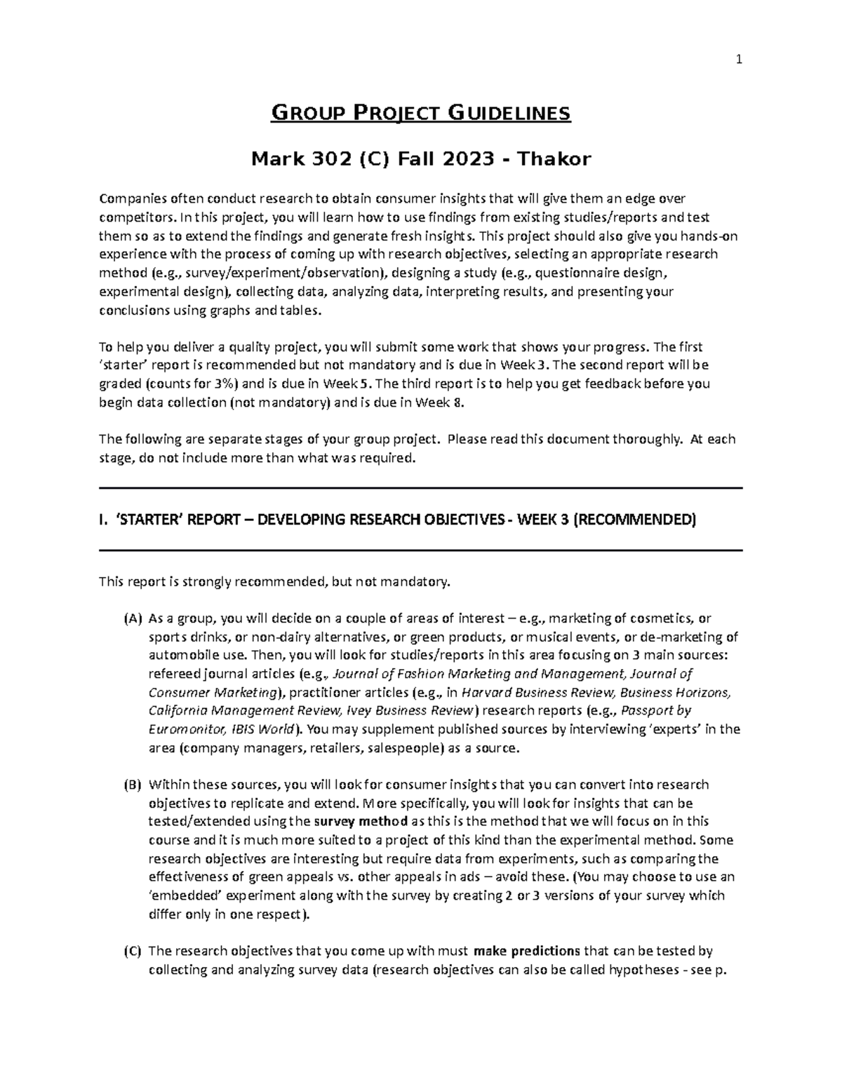 Project Guidelines Fall2023 - GROUP PROJECT GUIDELINES Mark 302 (C) Fall 2023 - Thakor Companies ...