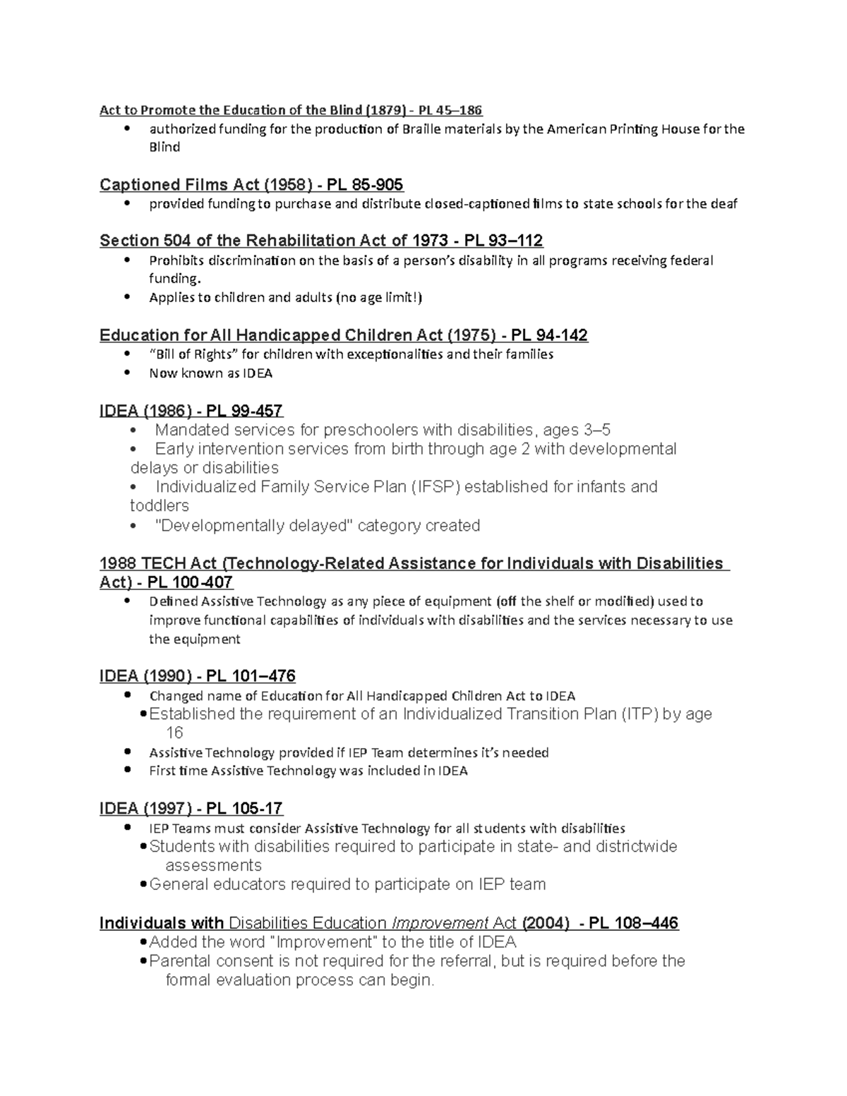 Laws - summary of each law - Act to Promote the Education of the Blind ...
