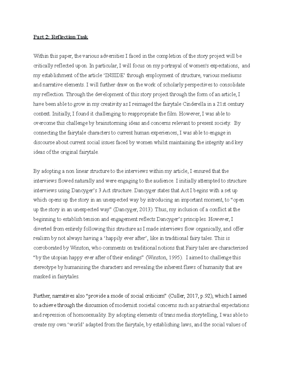 Story project p2 reflection - Part 2: Reflection Task Within this paper ...