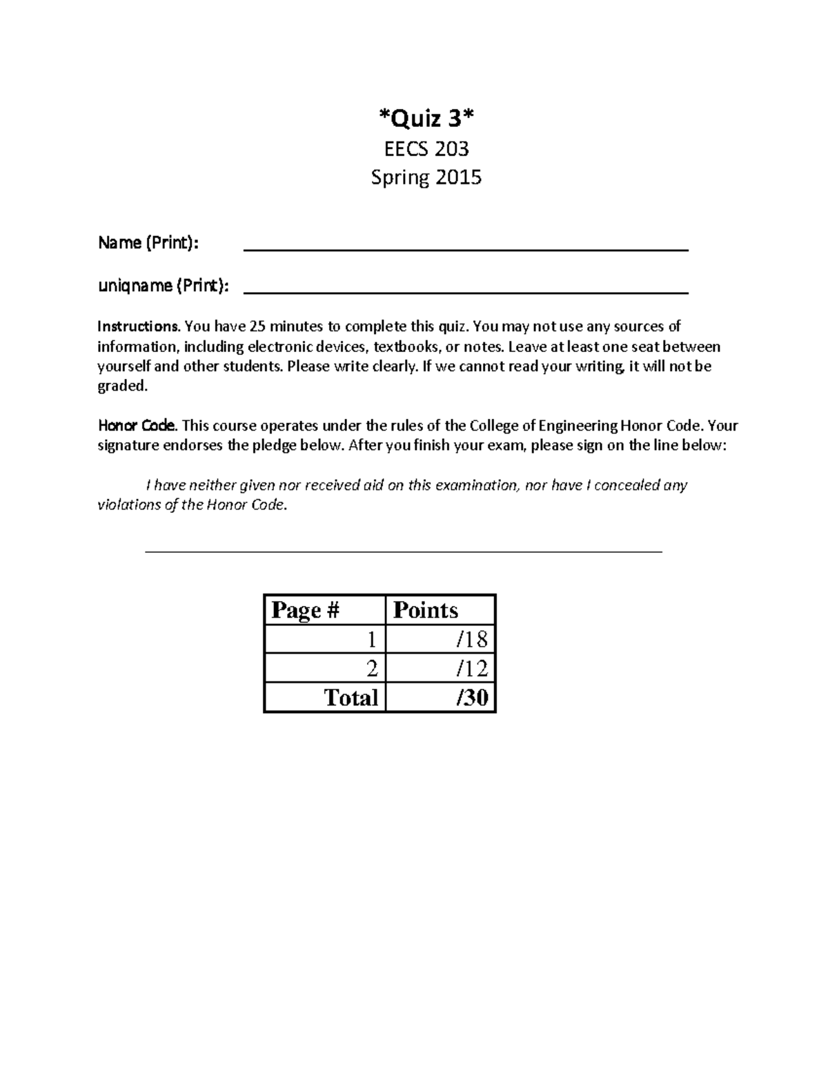 Quiz3sol - Quiz 3 EECS 203 Spring 2015 Name (Print): - Studocu
