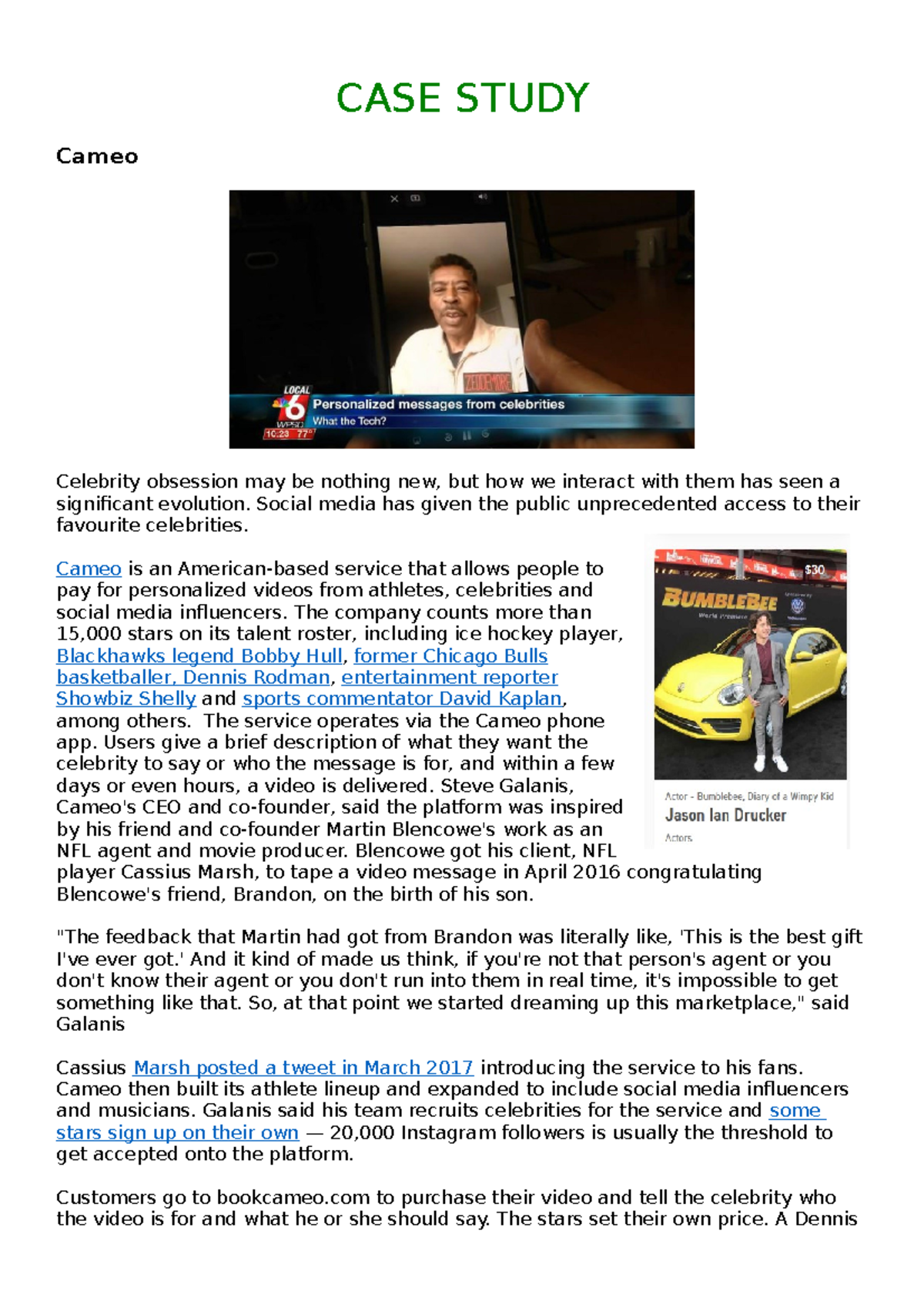 Cameo Case Study and questions - CASE STUDY Cameo Celebrity obsession ...