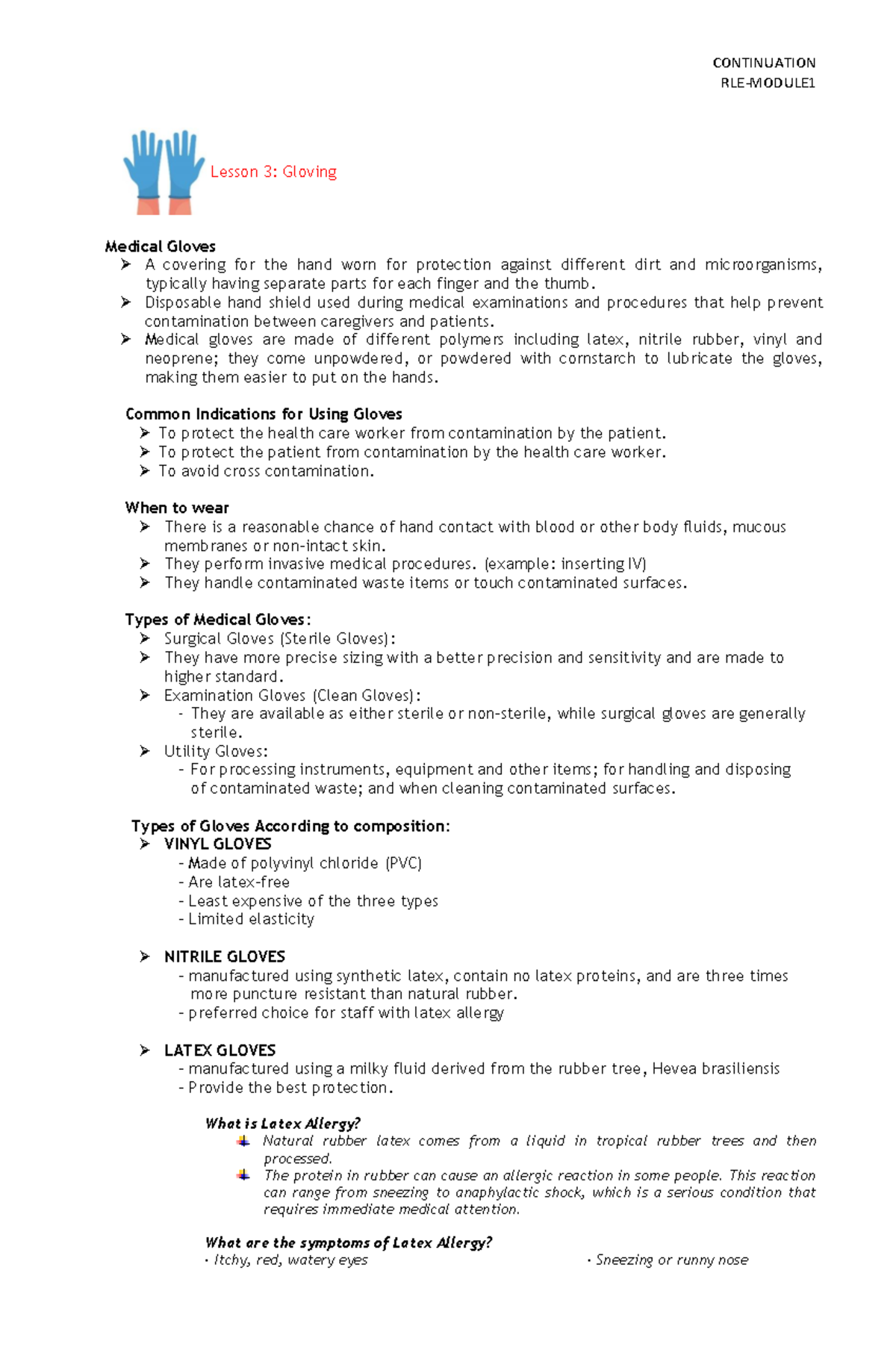 Rlemodule 1 Gloving - ........ - CONTINUATION RLE-MODULE Lesson 3 ...