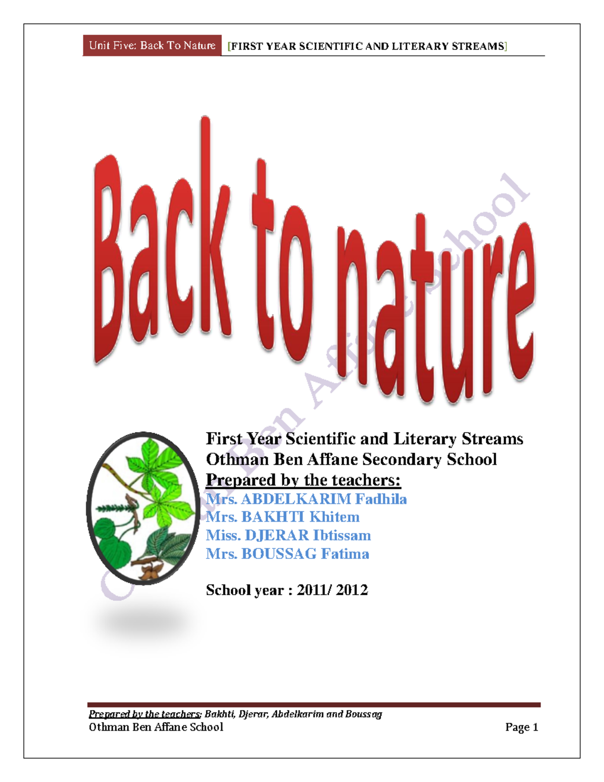 Unit plan of Back to Nature 123456789 - Prepared by the teachers ...