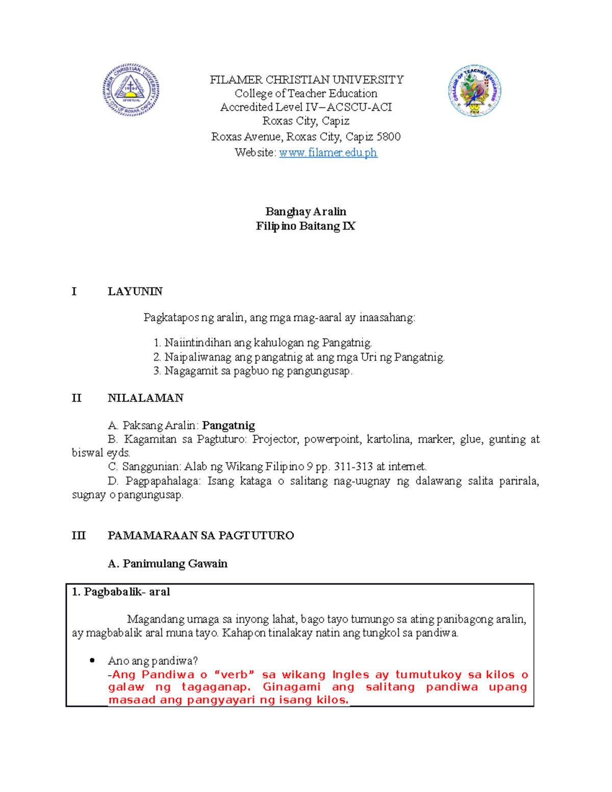 Copyyyyyyy - Answer - FILAMER CHRISTIAN UNIVERSITY College of Teacher ...