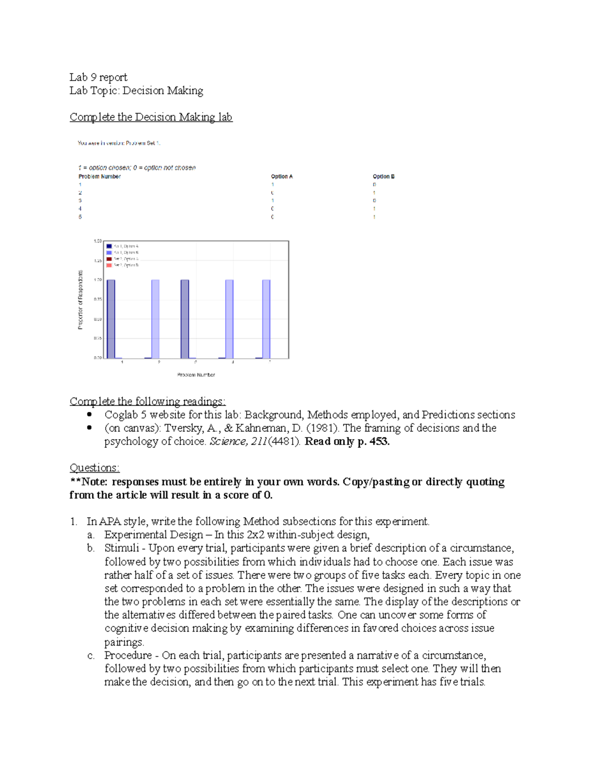 Lab 9 - decision making - Lab - Lab 9 report Lab Topic: Decision Making ...