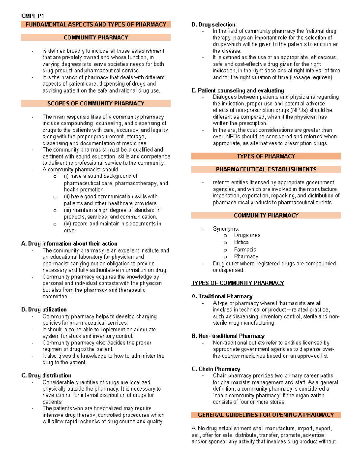 CMPI P1 - cmpi - FUNDAMENTAL ASPECTS AND TYPES OF PHARMACY COMMUNITY PHARMACY is defined broadly ...