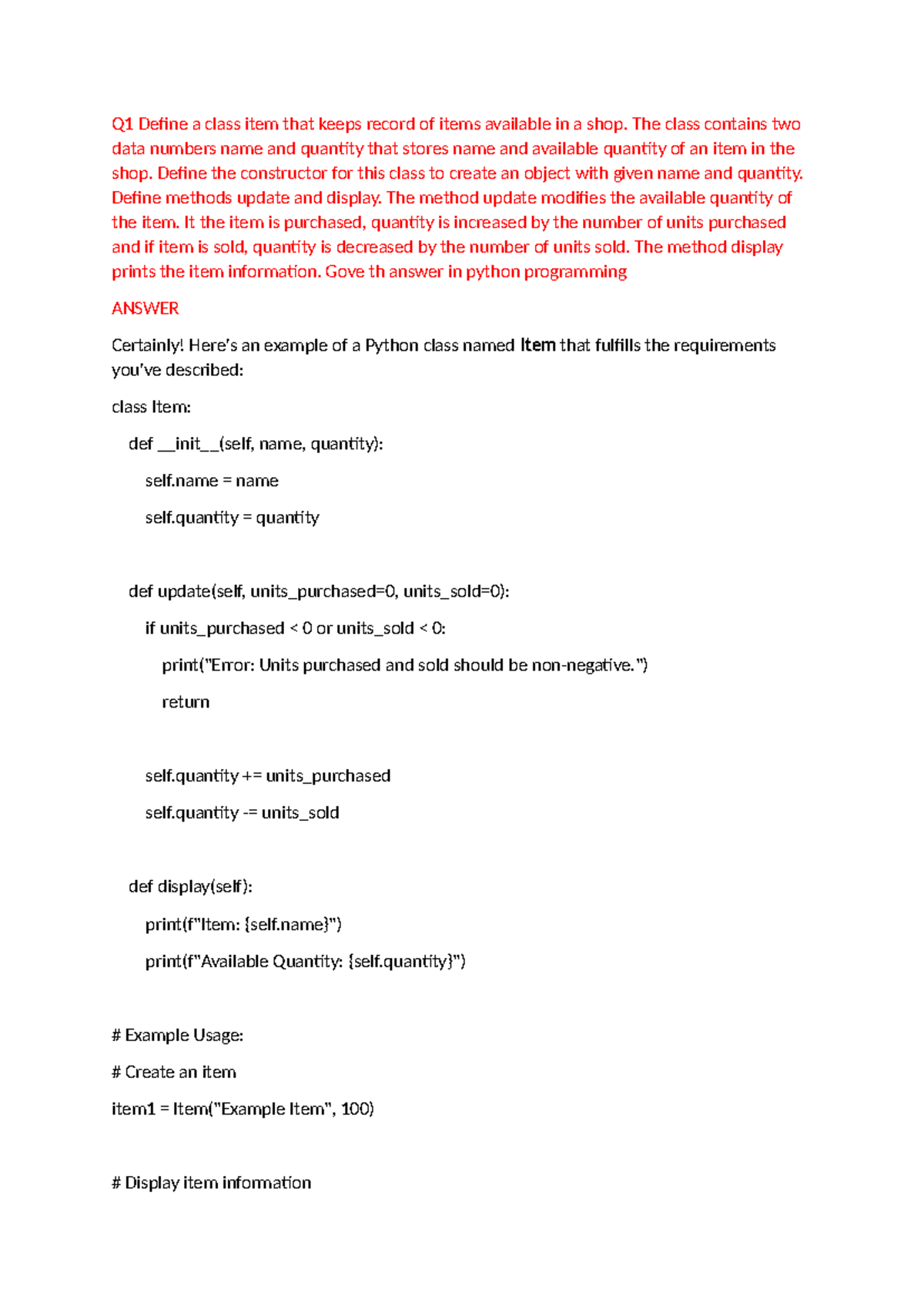 Python PYQ - Q1 Define a class item that keeps record of items ...