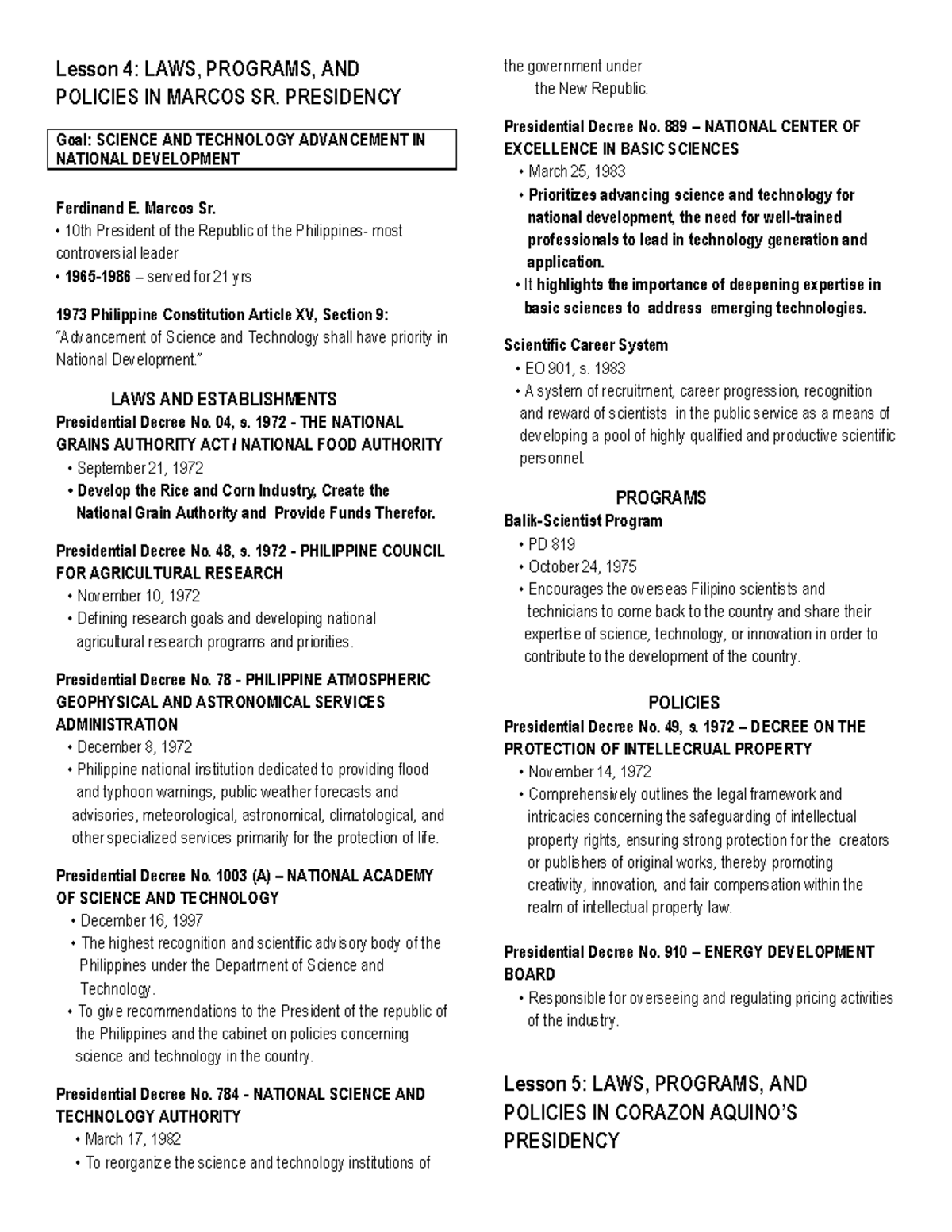 Midterms STS - notes for sts - Lesson 4: LAWS, PROGRAMS, AND POLICIES ...