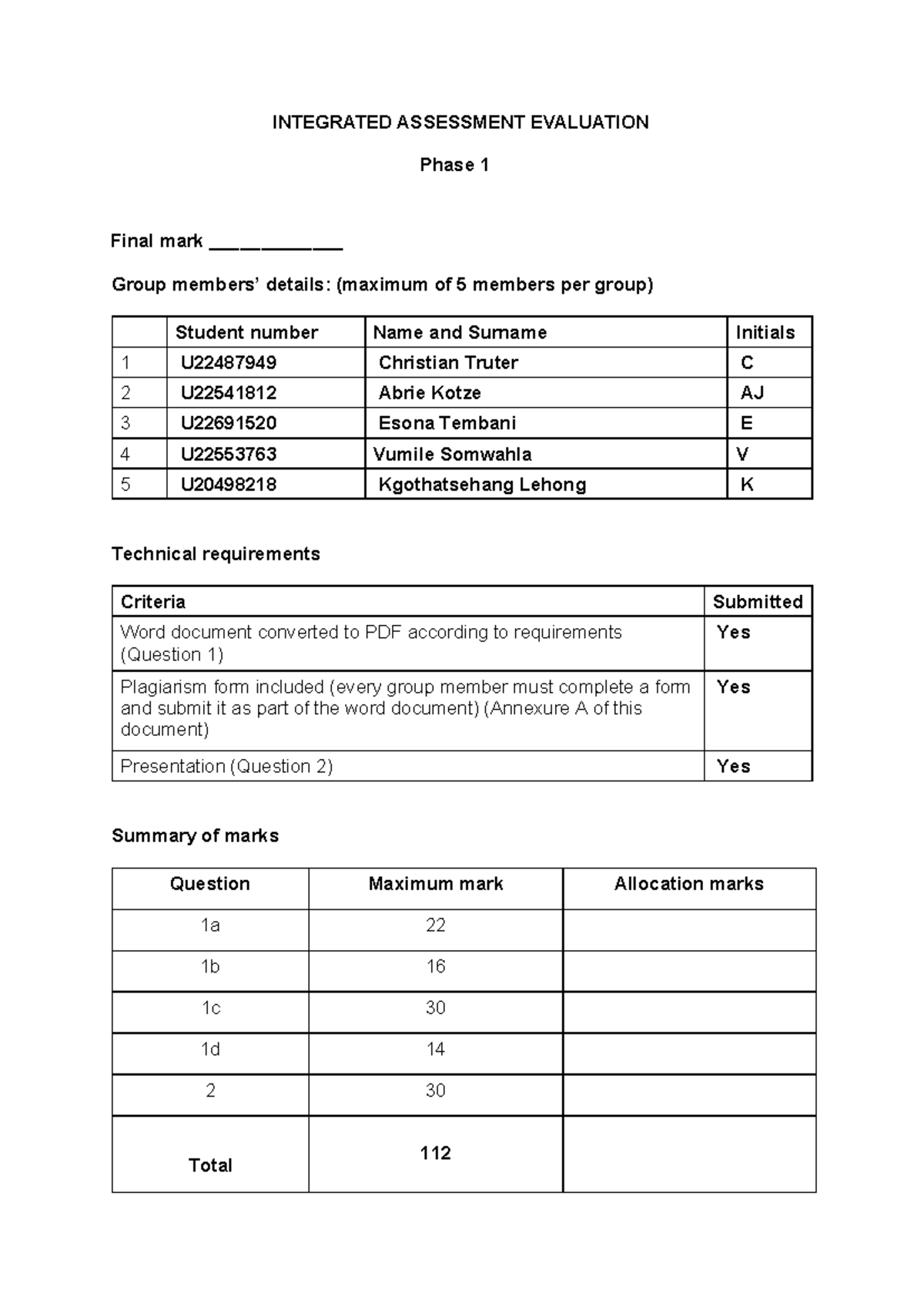 Integrated Assignment Phase 1 - INTEGRATED ASSESSMENT EVALUATION Phase ...