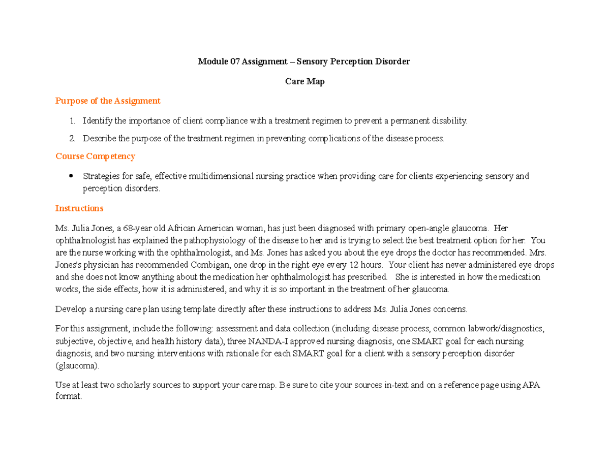 Sensory Perception Disorder Care Plan - Studocu