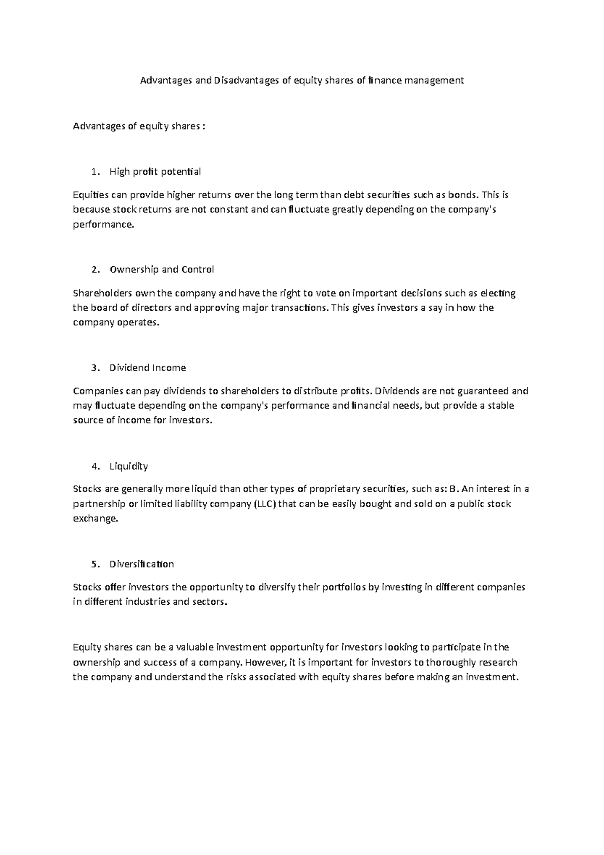 Advantages and Disadvantages of equity shares of finance management ...