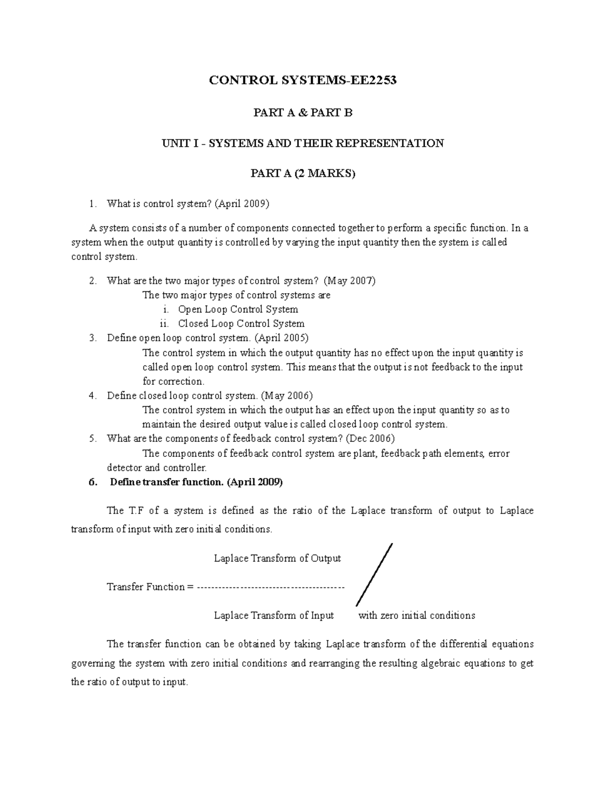 Control system question bank - CONTROL SYSTEMS-EE PART A & PART B UNIT ...