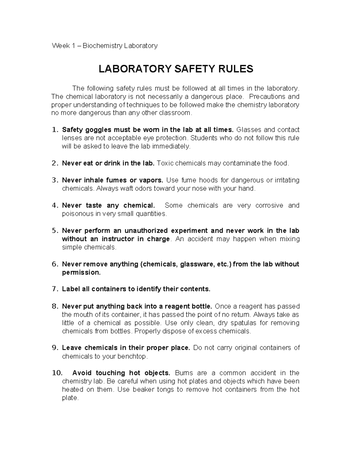 Laboratory-Safety-Rules - Week 1 – Biochemistry Laboratory LABORATORY ...