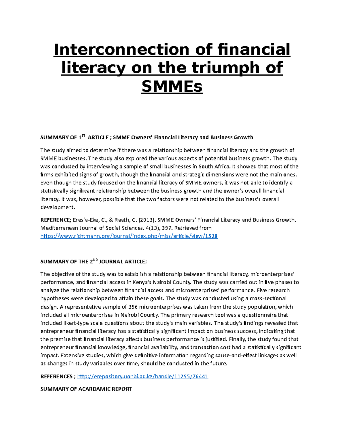 Interconnection of financial literacy on the triumph of SMMEs ...