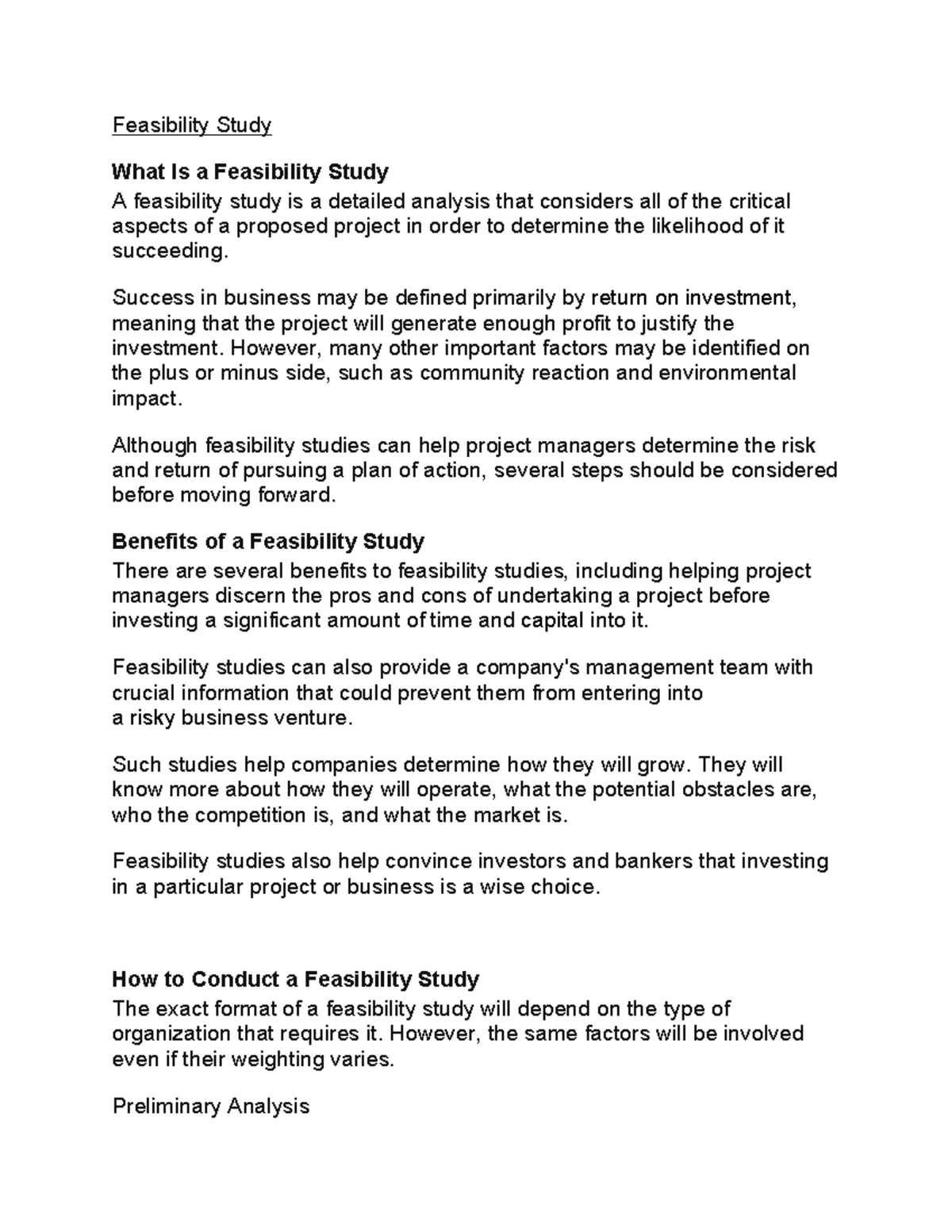 Feasibility Study - Success in business may be defined primarily by ...