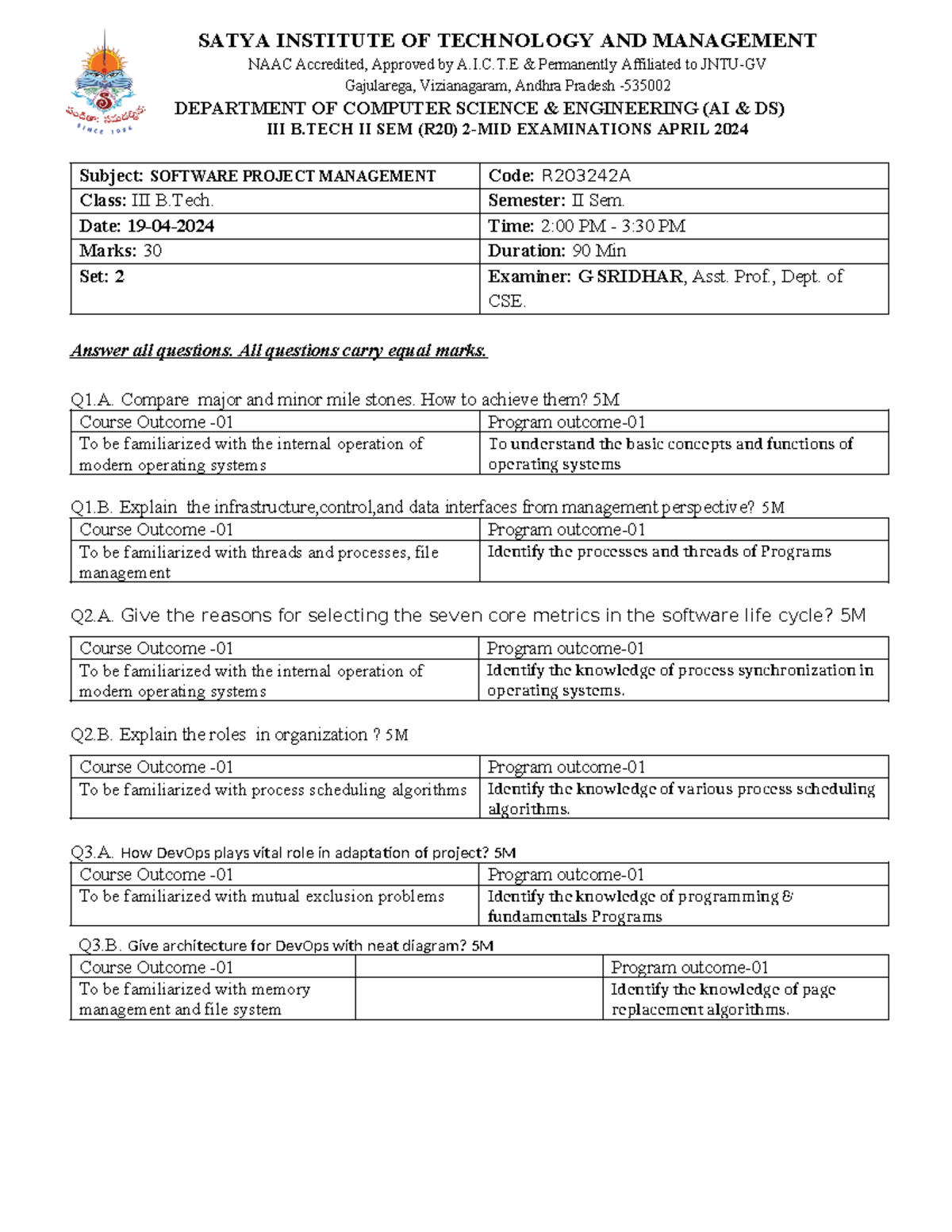 III-II CSE(AIDS) MID-2 SPM Question Paper (set 2) - SATYA INSTITUTE OF ...