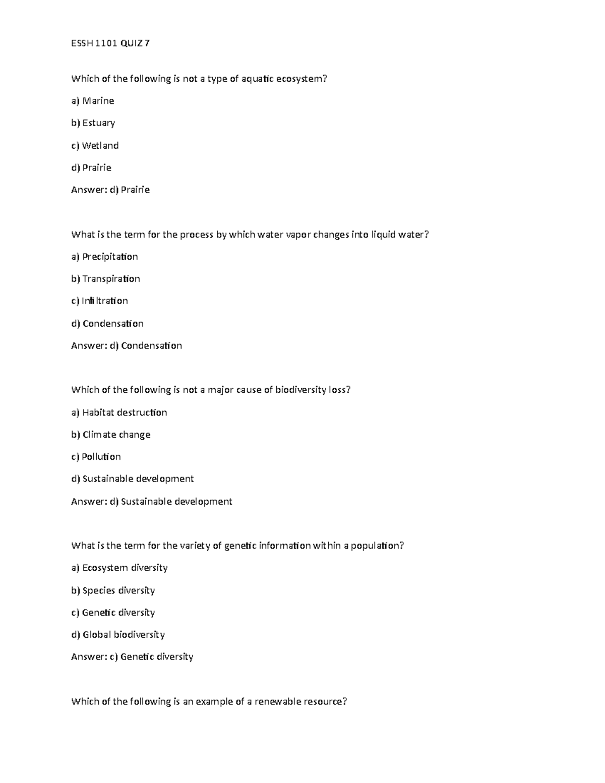 ESSH 1101 QUIZ 7 QA - ESSH 1101 ENVIRONMENTAL SCI QUIZ PRACTICE - ESSH ...