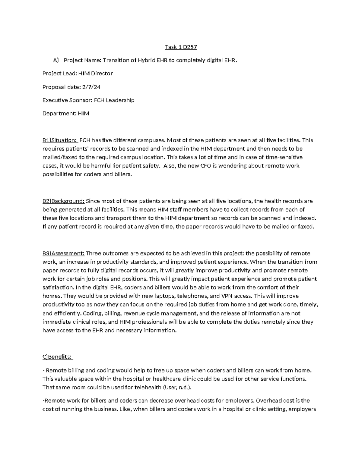 D257 Task 1 - Assignment - Task 1 D A) Project Name: Transition of ...