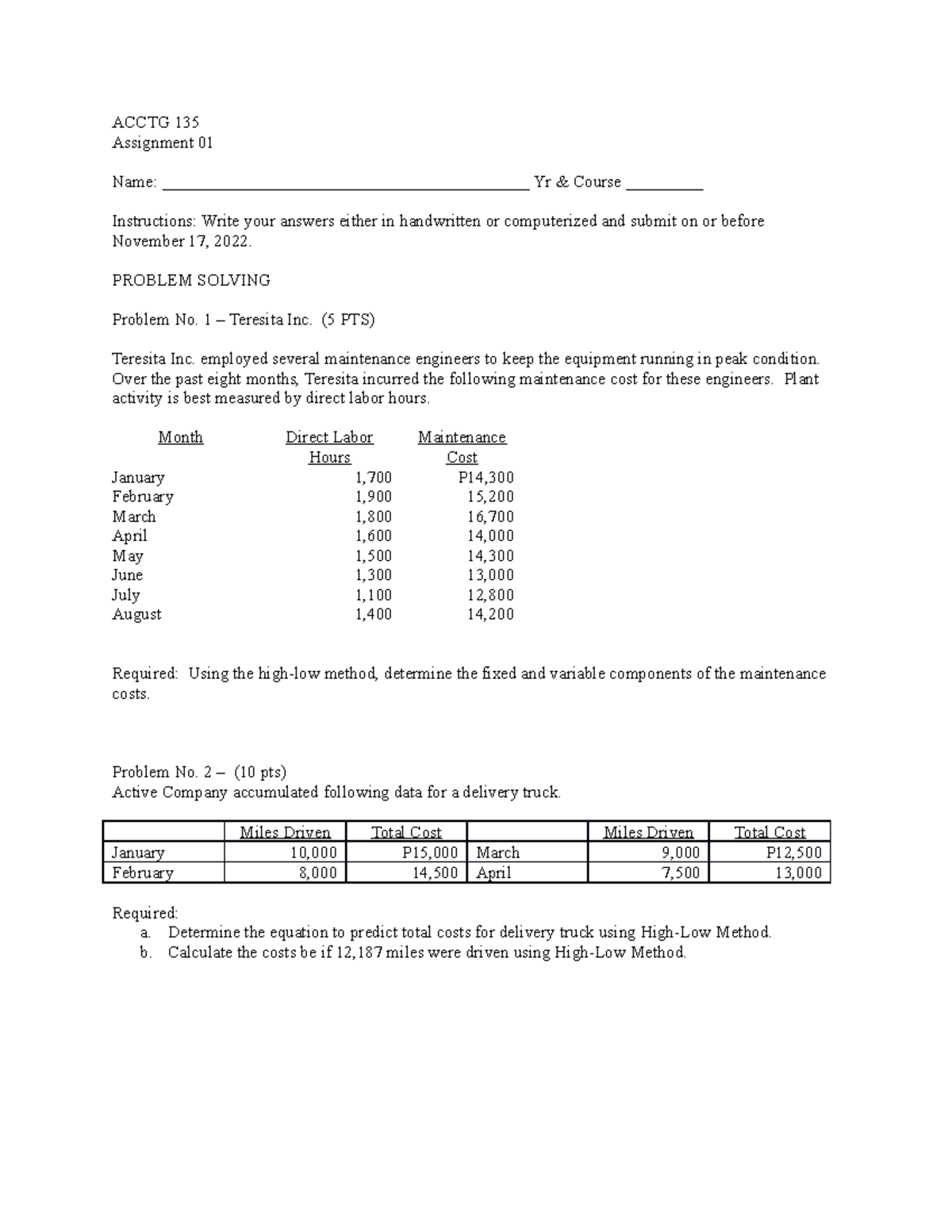 Cost_acc Exercises - ACCTG 135 Assignment 01 Name