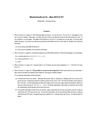 2016-2017 Homework 9 - Solutions - Homework set 09 - Solutions Math 495 – Renato Feres Problems ...