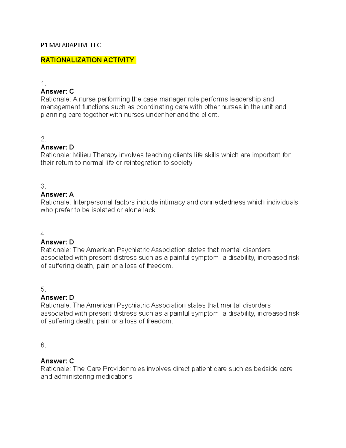P1 Ratio Maladaptive LEC - P1 MALADAPTIVE LEC RATIONALIZATION ACTIVITY ...