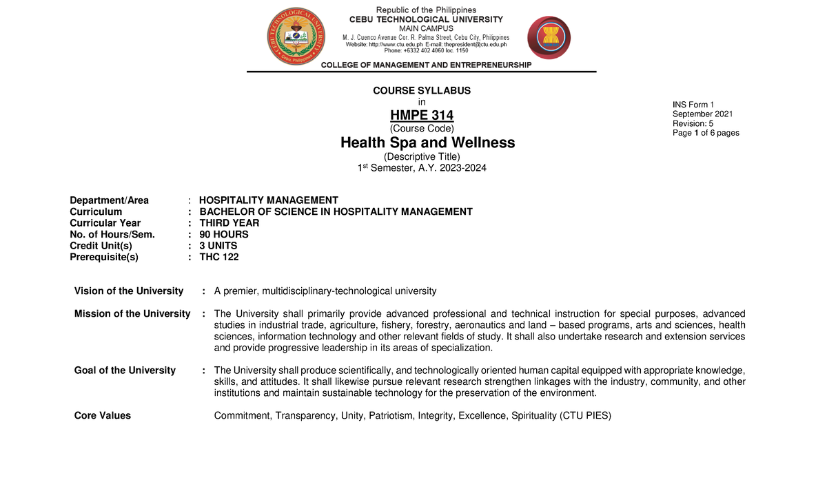 HMPE-317 Health-Spa-and-Wellness - COURSE SYLLABUS in HMPE 314 (Course ...