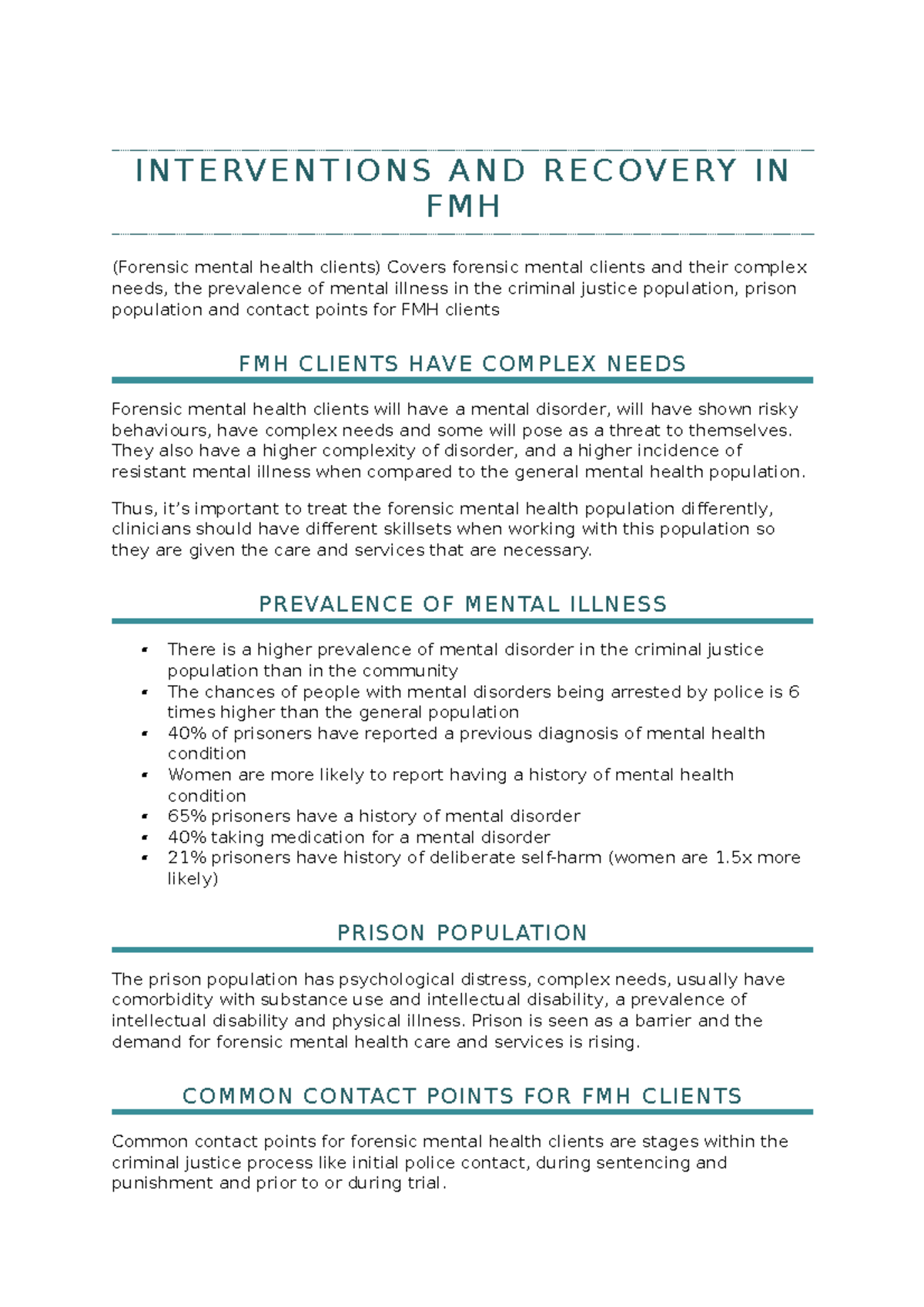 Interventions and Recovery in FMH2 - I N T E RV E N T I O N S A N D R E ...