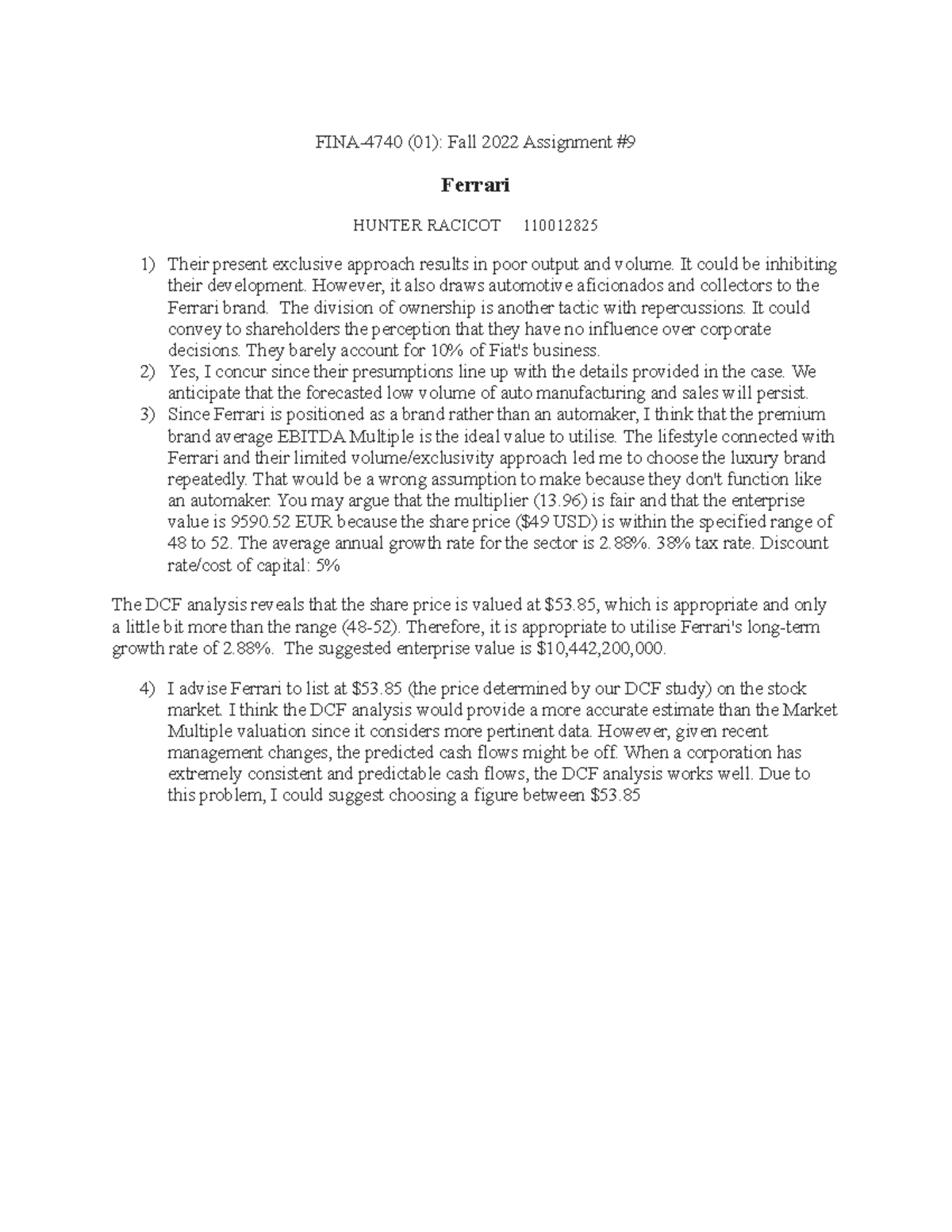 FINA-4740 (01) Fall 2022 Assignment #9 - FINA-4740 (01): Fall 2022 Assignment # Ferrari HUNTER ...