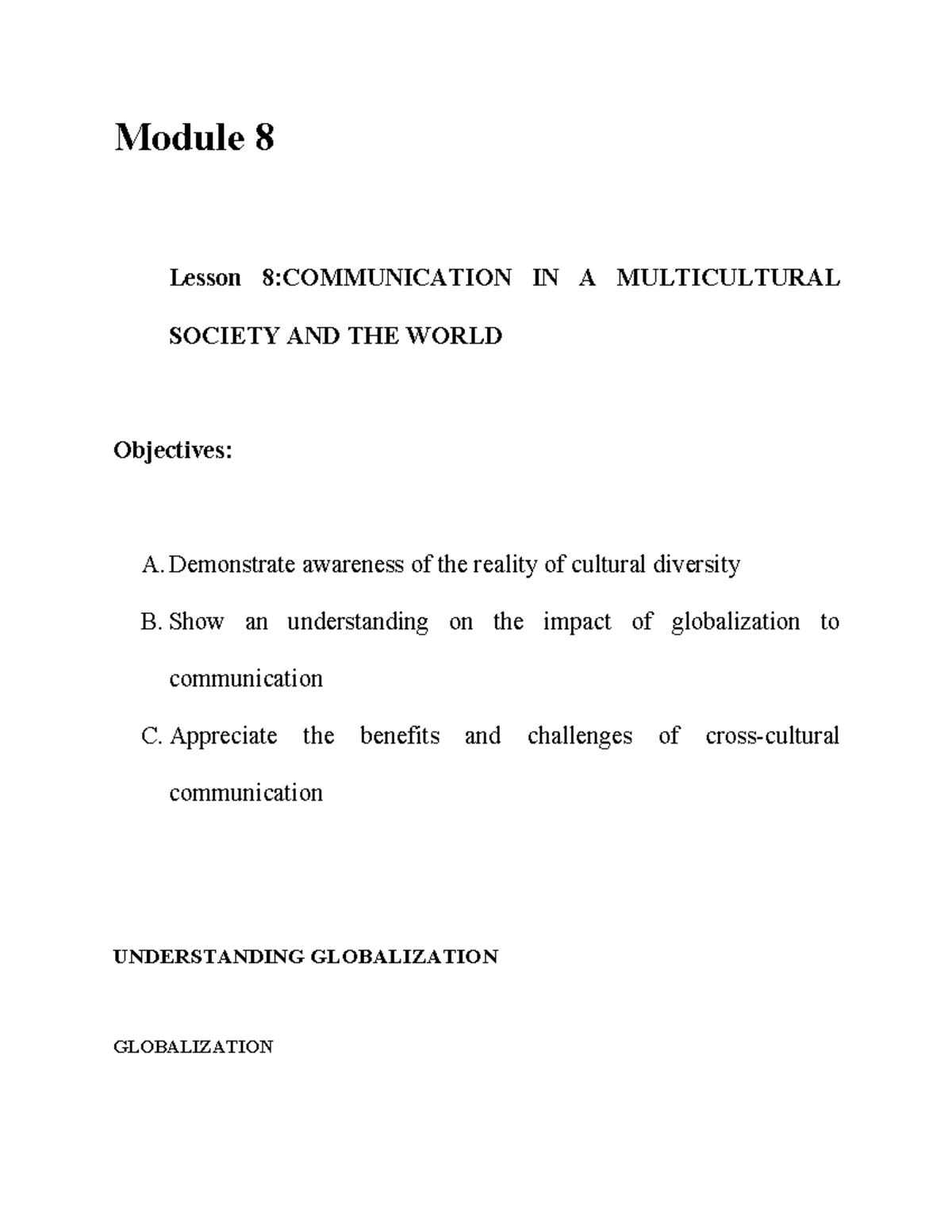 Module 8 multicultural communication - Module 8 Lesson 8:COMMUNICATION ...