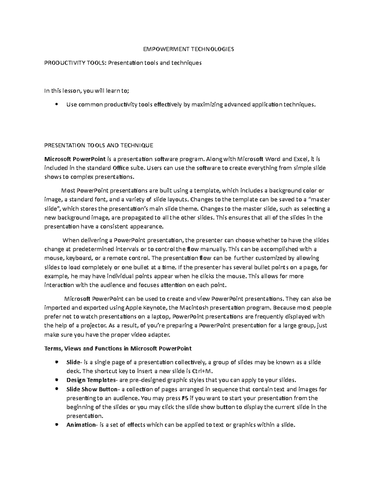 Empowerment technologies - EMPOWERMENT TECHNOLOGIES PRODUCTIVITY TOOLS ...