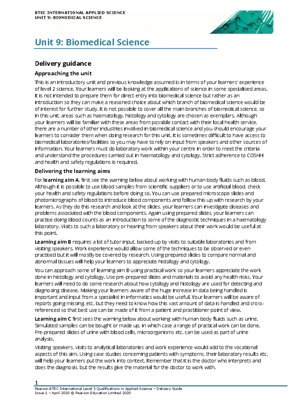 BTEC 2020 L3 INT App Sci DG U9 V1 - UNIT 9: BIOMEDICAL SCIENCE 1 Pearson BTEC International ...