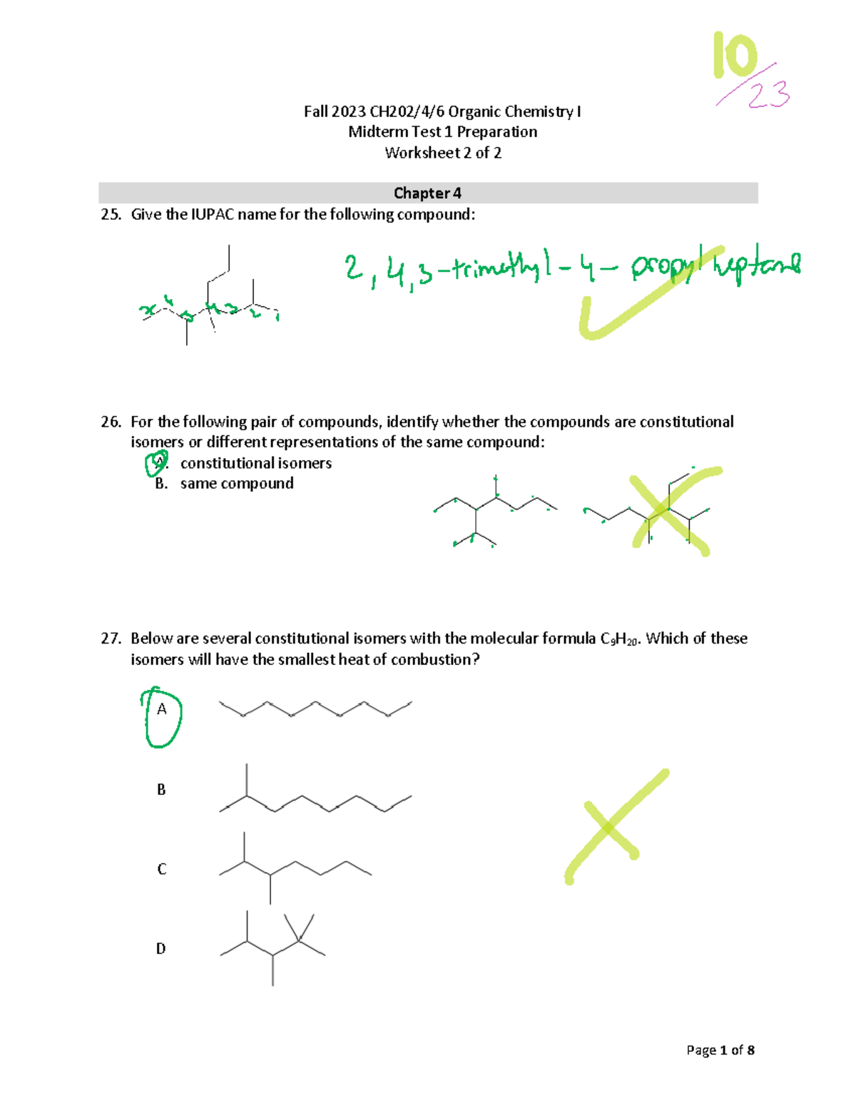 2023 F - CH202-4-6 - M1 Worksheet 2 - Fall 2023 CH202/4/6 Organic ...