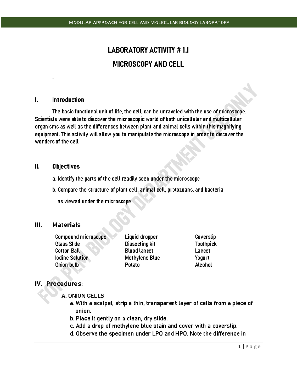 LAB 1.1 - Microscopy AND CELL - LABORATORY ACTIVITY # 1. MICROSCOPY AND ...