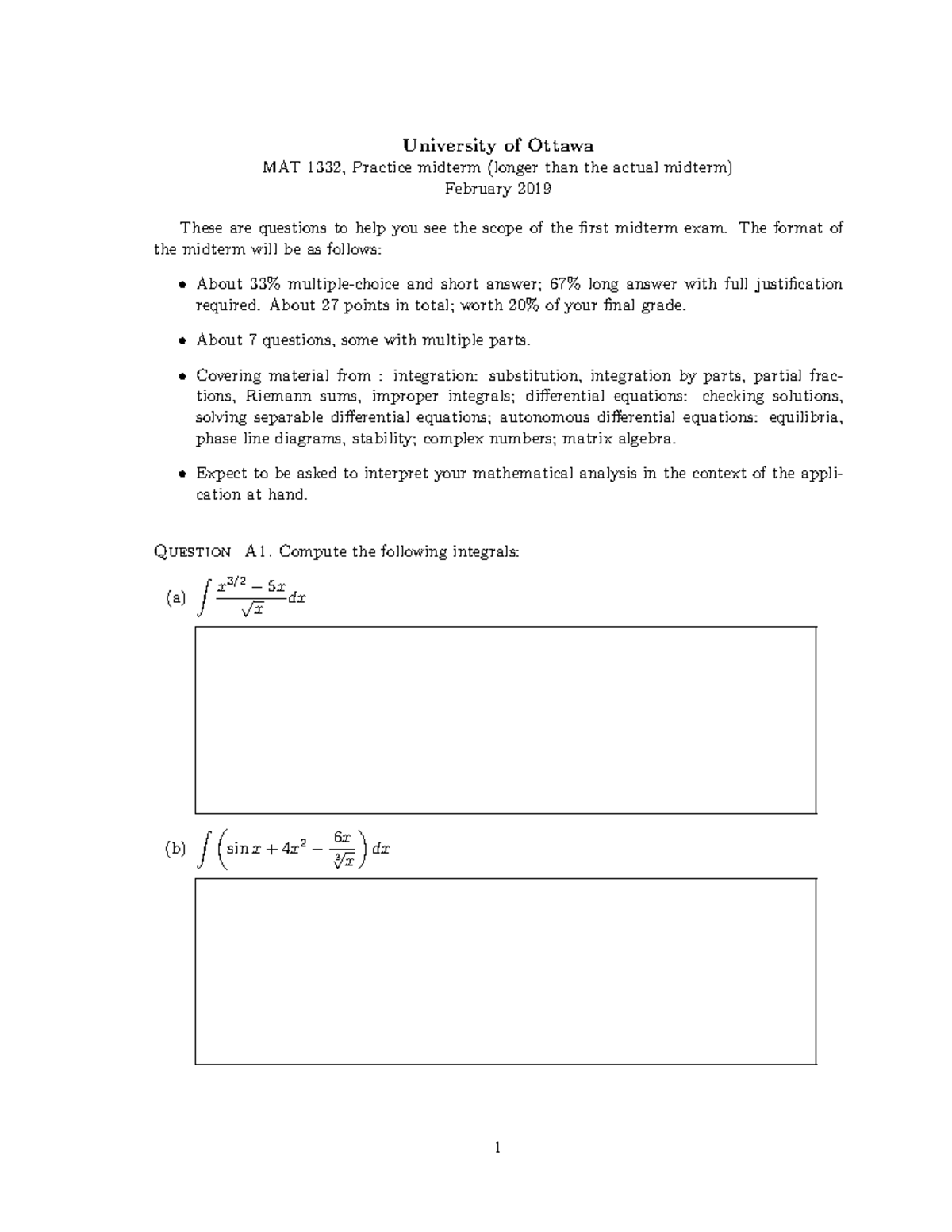 1332Practice Midterm 1 a. - University of Ottawa MAT 1332, Practice ...
